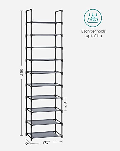 SONGMICS Shoe Rack, 10 Tier Shoe Shelf, Shoe Storage Organizer, Space-Saving, 11 x 17.7 x 68.1 Inches, Metal Frame, Non-Woven Fabric Shelves, for Entryway, Bedroom, Grey ULSH010G01