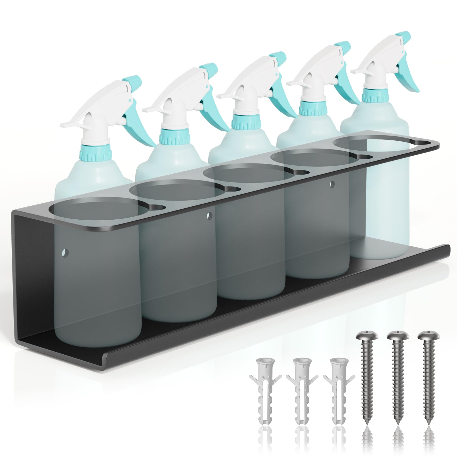 NOORSUMD 2 Pack 5 All-Purpose Spray Bottle Holder Wall Mount | Heavy-Duty Powder Coated Steel Spray Bottle Storage Rack for Garage Home Workspace | Detailing Bottle Holder (Black)