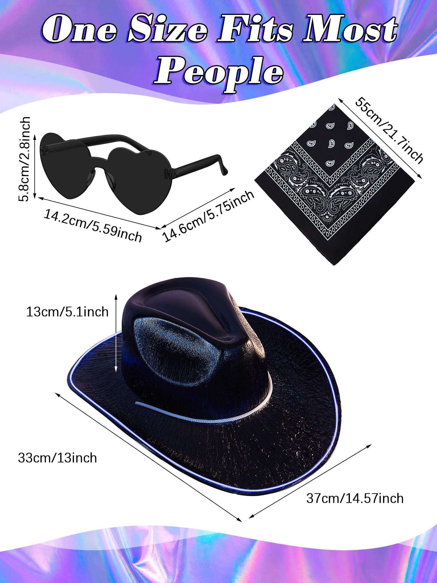 Hercicy 6 Pcs Lighted Cowboy Hat Set with LED Flashing Holographic Cowgirl Hat with Glasses and Bandana(Blue, White)