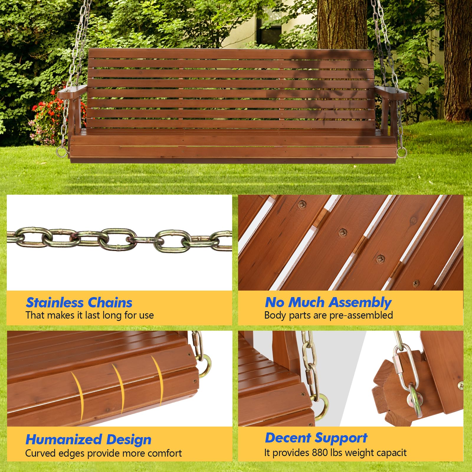 VINGLI Upgraded Patio Wooden Porch Swing for Courtyard & Garden, Heavy Duty 880 LBS Swing Chair Bench with Hanging Chains for Outdoors (Brown, 5 FT)