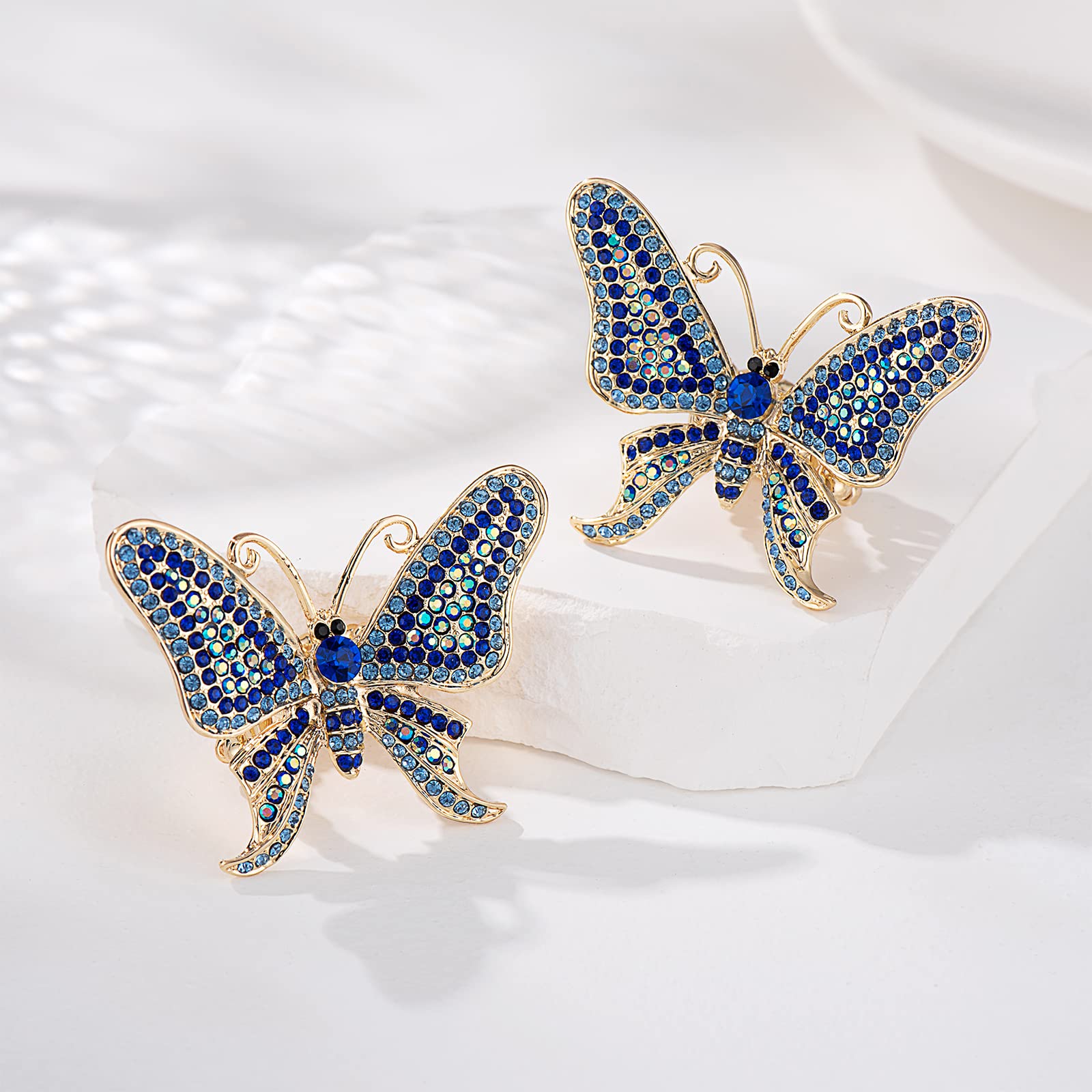 Gold Plated Navy Blue Gradient Color Rhinestone Stretch Elastic Rings for Women Beautiful Gift Formal Party