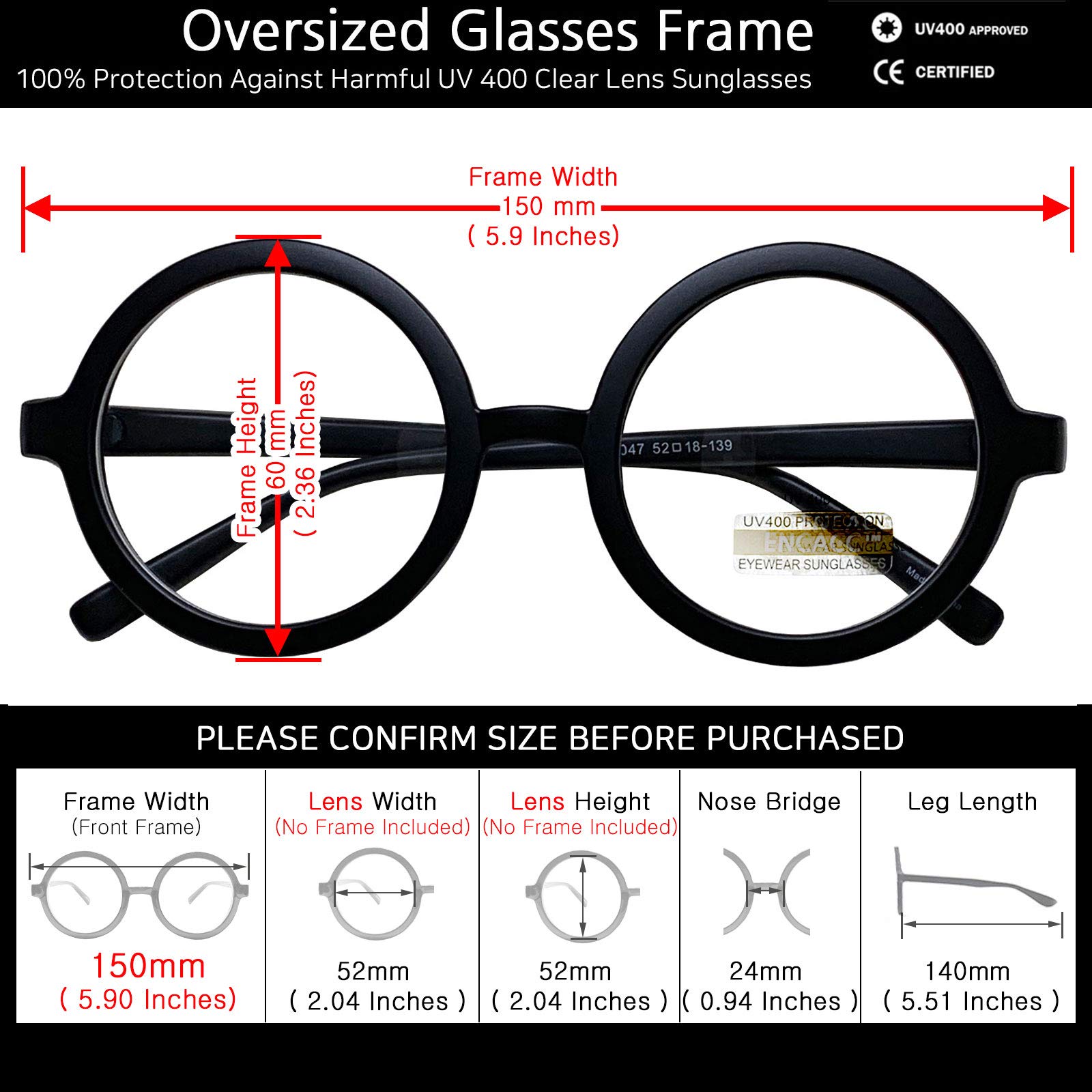 ENCACC Classic Round Horn Rimmed Eye Glasses Clear Lens Oval Non Prescription Frame (MATT BLACK 20473, Clear)