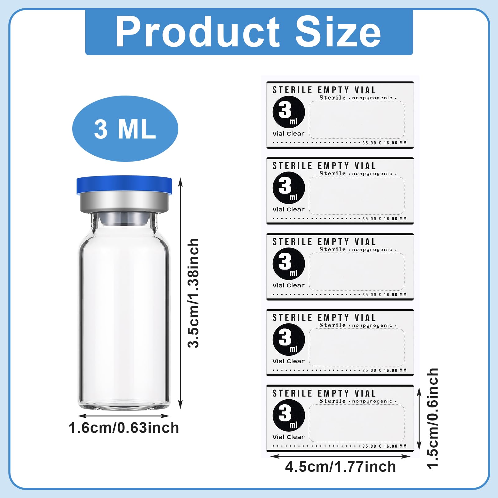 Threlaco 20 Pcs 3ml Sealed Sterile Empty Vials with Self Healing Injection Port Glass Penicillin Bottle with 20 Label Stickers