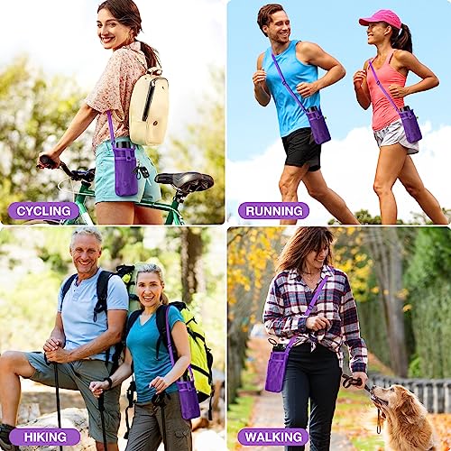 Water Bottle Bag with Strap, Mesh Water Bottle Holder Crossbody Bottle Sling Bag Adjustable Shoulder Strap and Pocket - Lightweight Water Bottle Carrier for Walking Sports Hiking Camping (Purple)