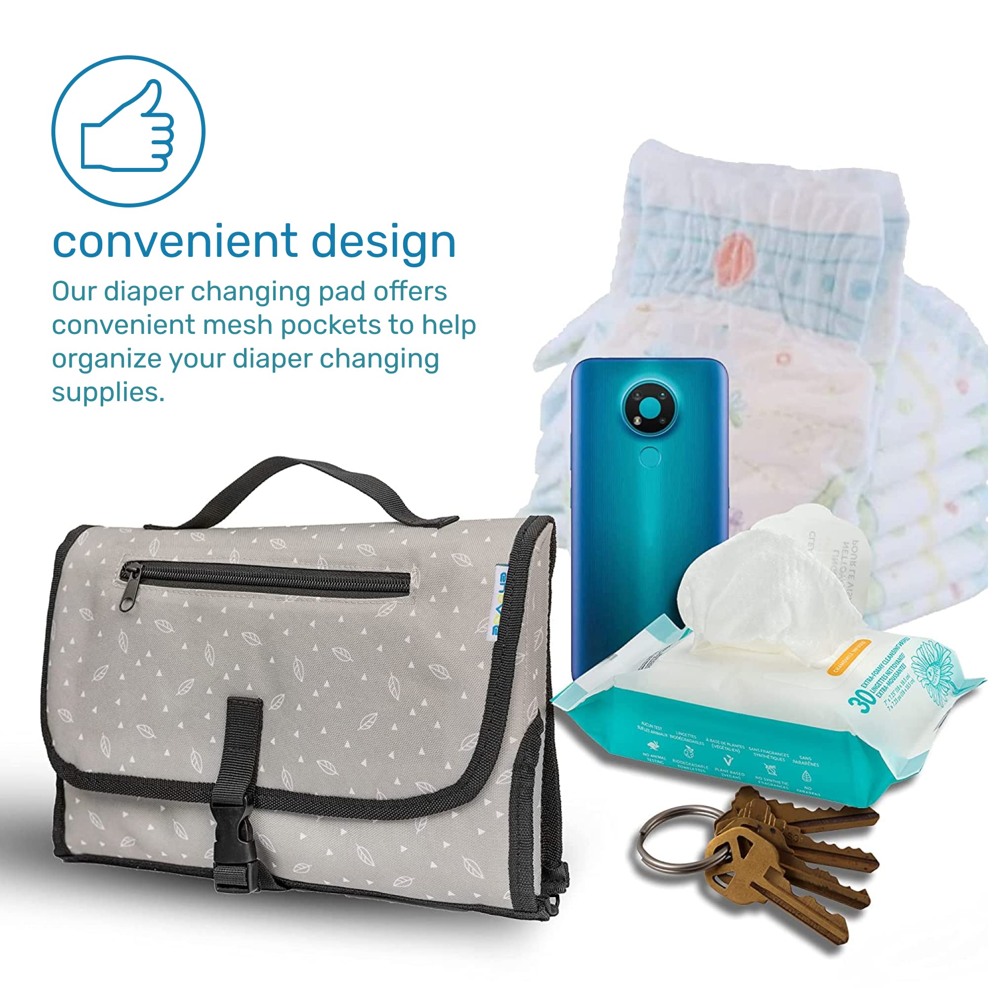 Enovoe Portable Diaper Changing Pad for Baby - Convenient, Durable, Waterproof Travel Changing Mat with Built-in Head Pillow for Your Infant - Grey Leaf Design