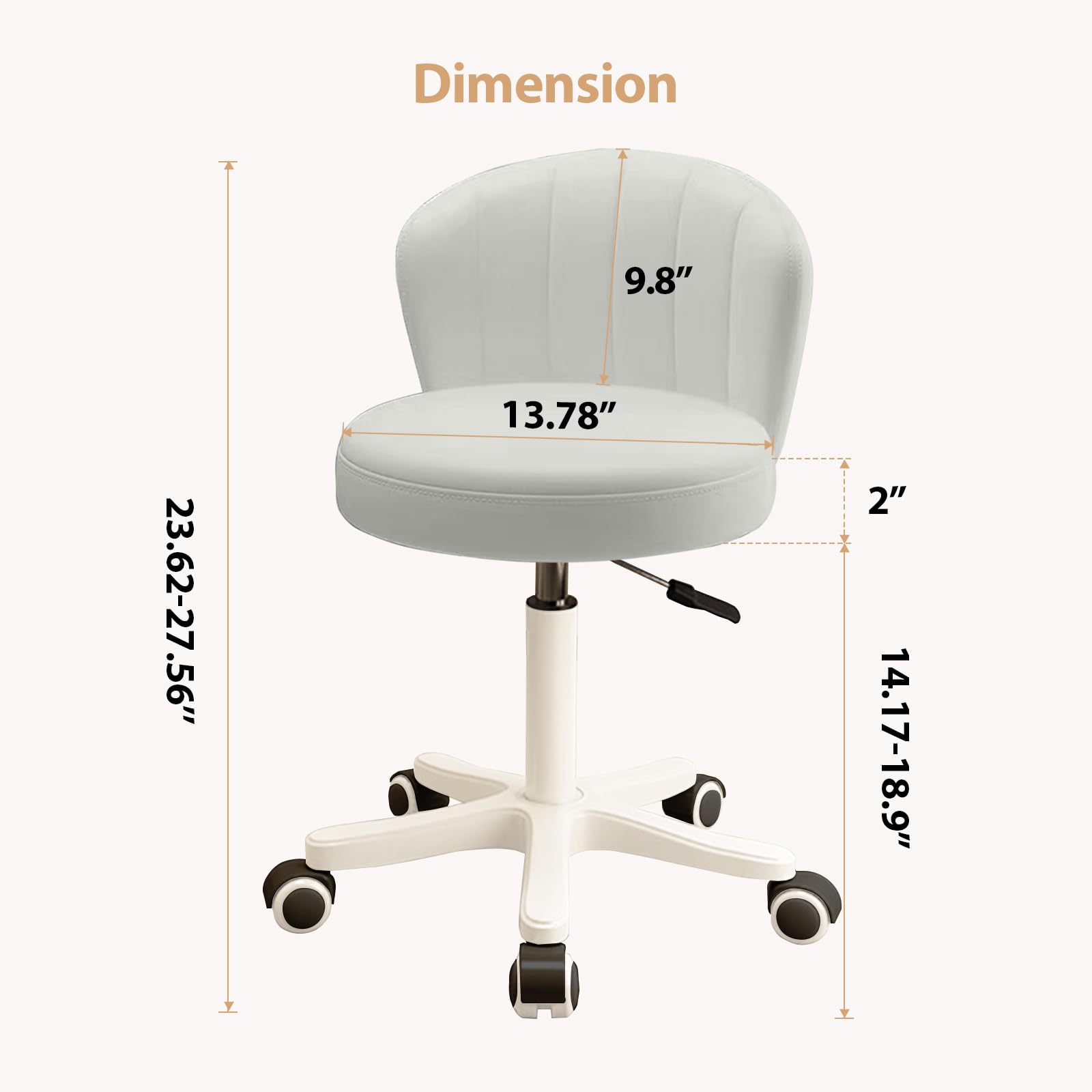 Small Chair Round Rolling Stool with Back PU Leather Height Adjustable Swivel Drafting Work SPA Salon Stools Home Office Chair with Wheels (White, 13.8 * 2 * 9.8)