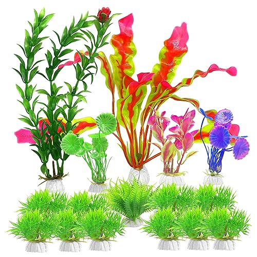 LLMSIX 16PCS Artificial Aquarium Plants Set Fish Tank Decoration Fake Plastic Green Plants Vivid Underwater Plants Ornament Assorted Color for Fish Tank Aquarium Landscaping (4 Styles)