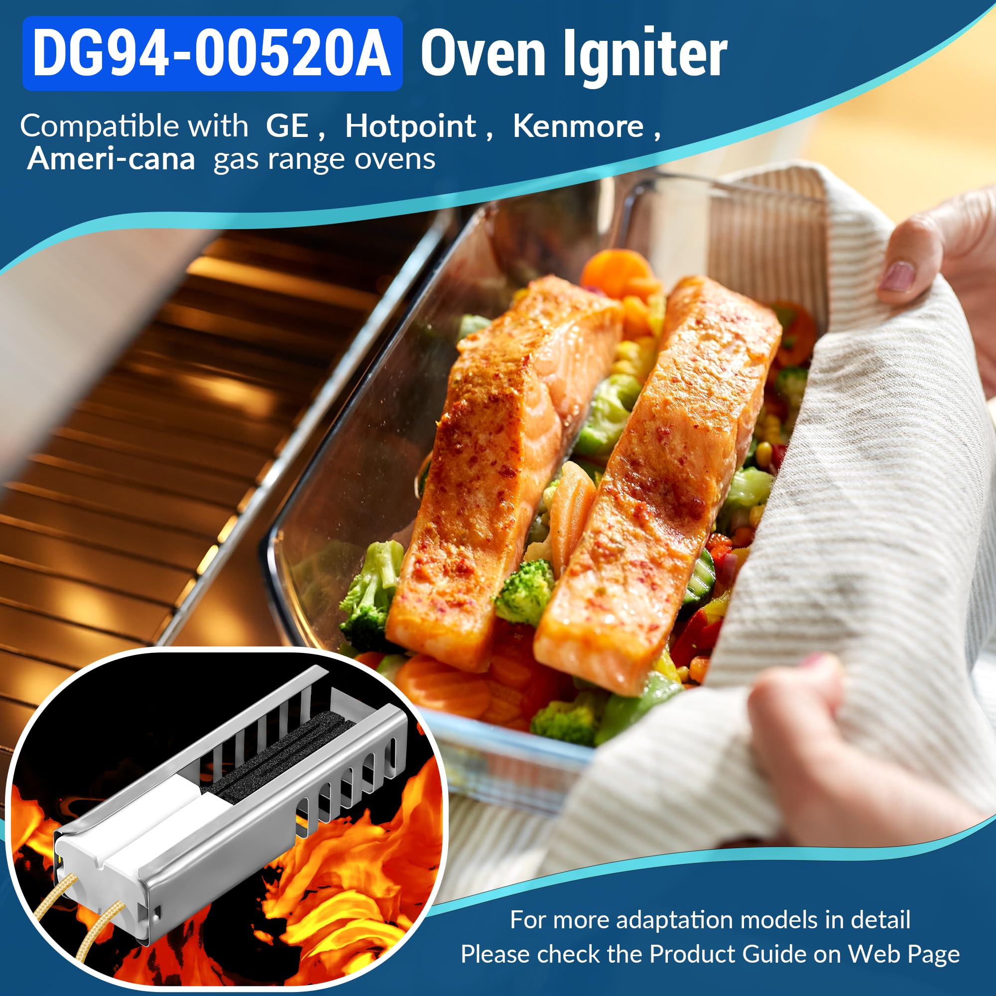 Dreyoo DG94-00520A Gas Range Oven Igniter Compatible with Samsung Gas Range Oven, Flat Oven Igniter with Connector Plug and Nuts, Replacement of 2692271 AP5577941 EAP4241428 PS4241428 (One Ear)