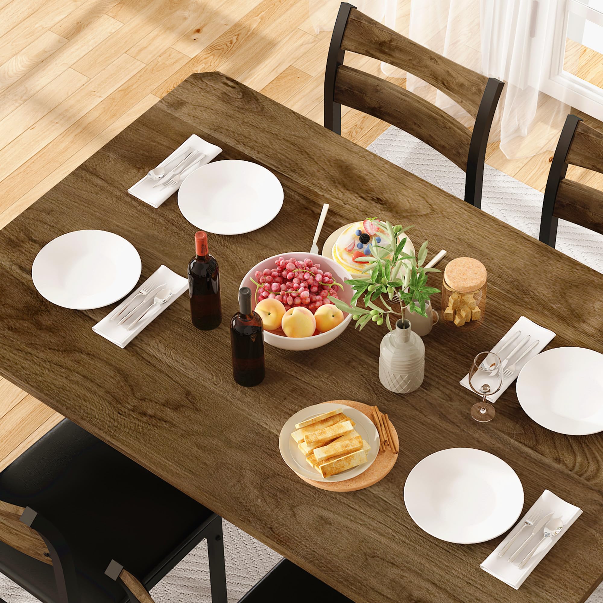 DKLGG Dining Table Set for 4, 43.3" Dining Room Table with 4 Upholstered PU Leather Chairs, Modern Wood Kitchen Table and Chairs Set, 5-Piece Dinette Set for Breakfast Nook, Small Places, Brown
