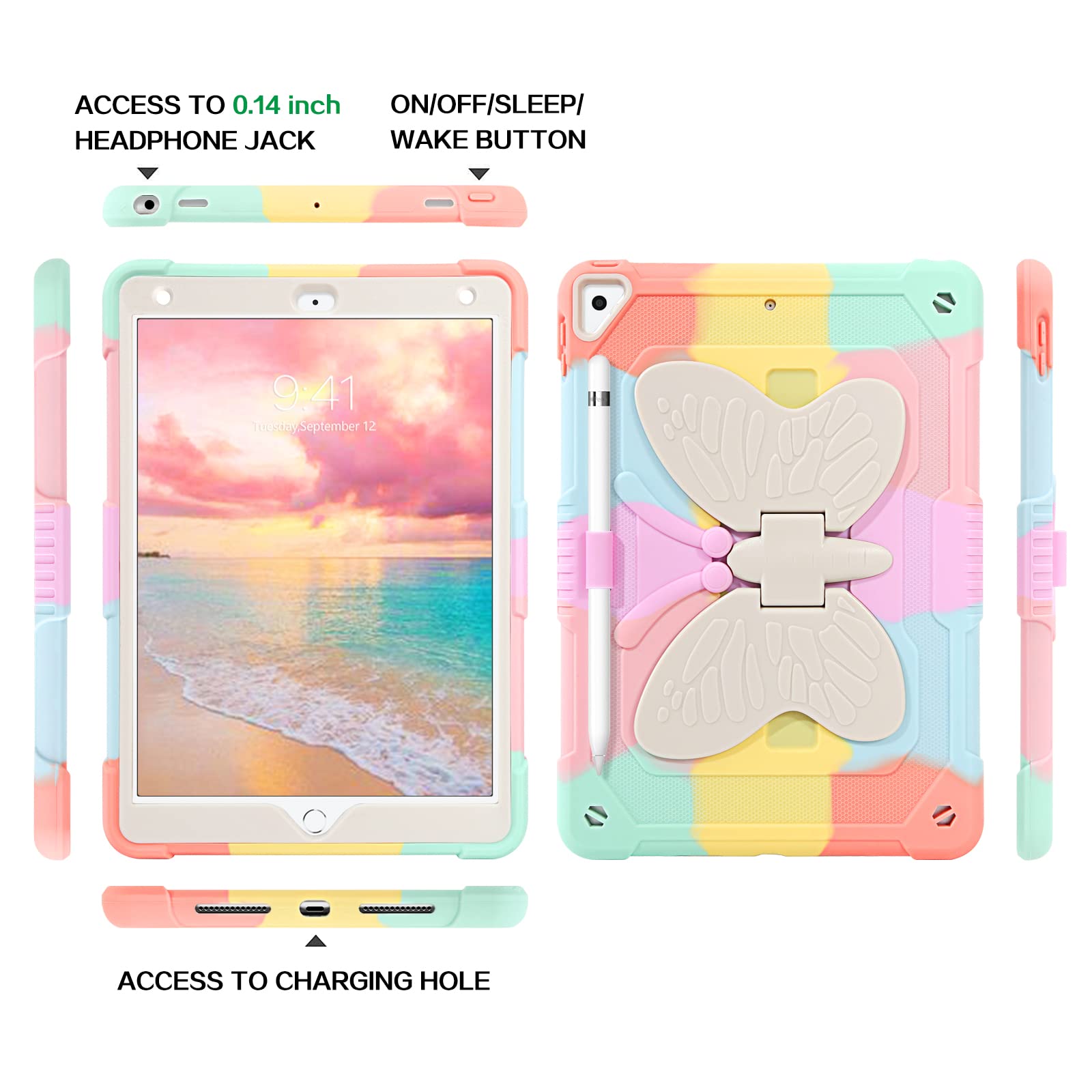 VENINGO iPad Air 2 & iPad 9.7 2017/2018 & iPad Pro 9.7 Case, iPad 5th/6th Generation Case, 2 in 1 Rugged Full Body Shockproof Protective Girls Women Tablet Cover with Stand Pen Holder, Colorful Pink