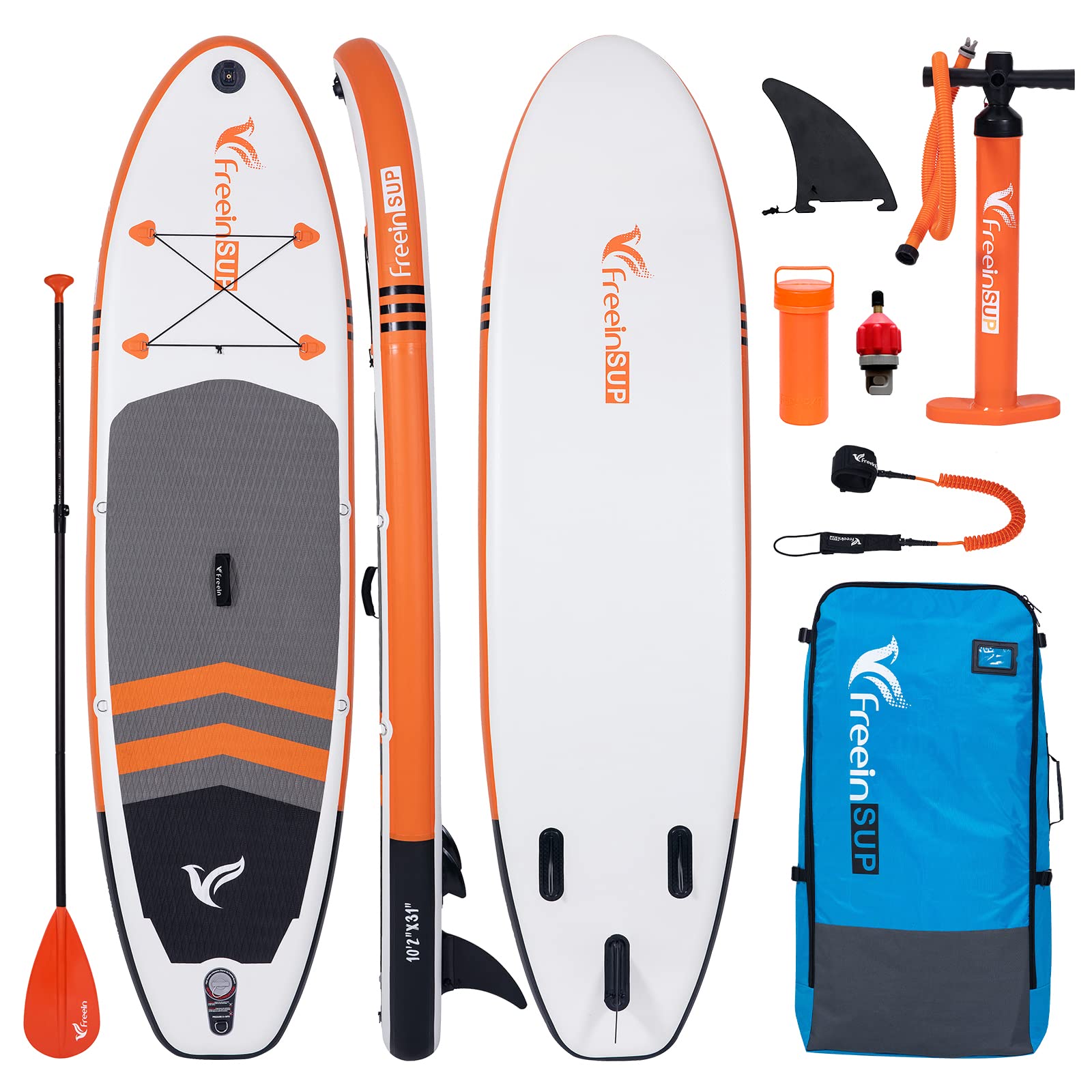 Freein All Round SUP Inflatable Stand Up Paddle Board 10’2 Long Package Orange with Electric Pump Adapter
