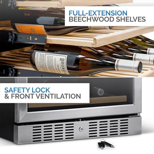 NewAir 24" Wine and Beverage Refrigerator Cooler, 20 Bottle and 70 Can Capacity, Built-in or Freestanding Dual Zone Fridge in Stainless Steel with Splitshelf
