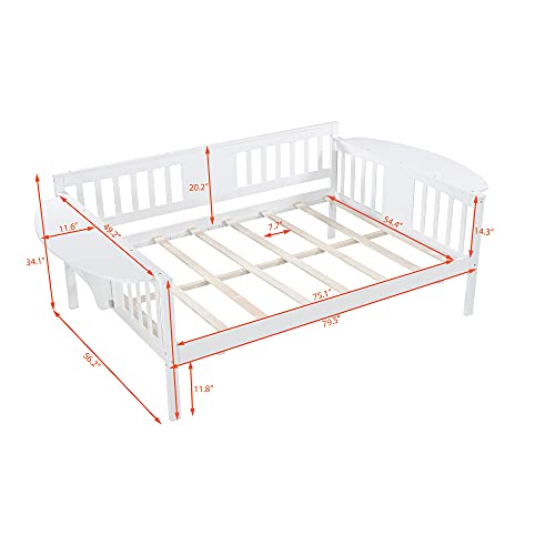 UBGO Full Daybed, Wood Size Sofa Bed with 2 Folding Tables, Children's Cot, Bedroom Living Room Furniture, Wooden Slat Support, Box Required, White C