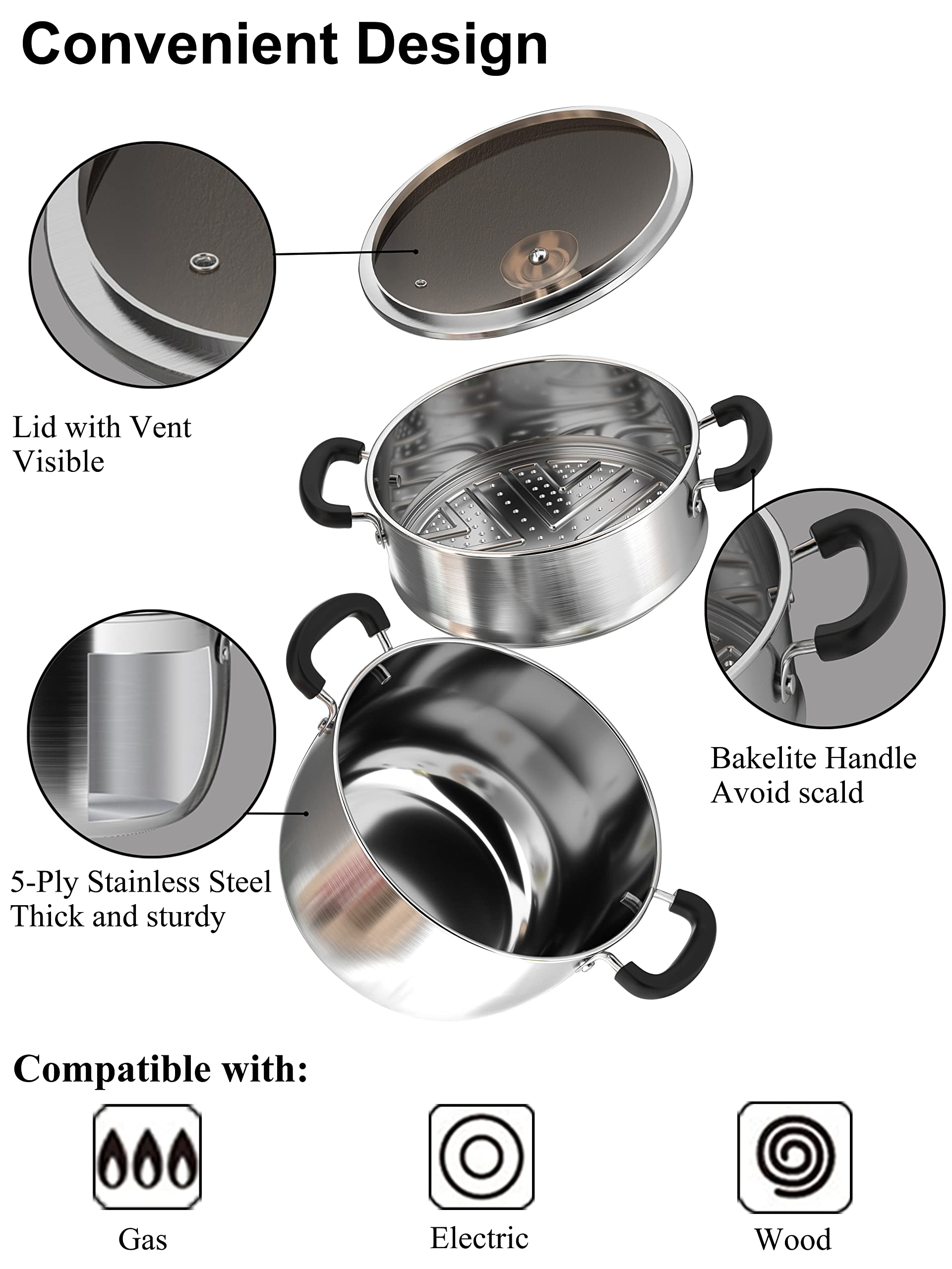 VENTION Small Vegetable Steamer 10.2 Inch, 5-Ply Thick Stainless Steel Steamer for Cooking, 5.8 QT Stove Top Steamer Pot, Steam Pot