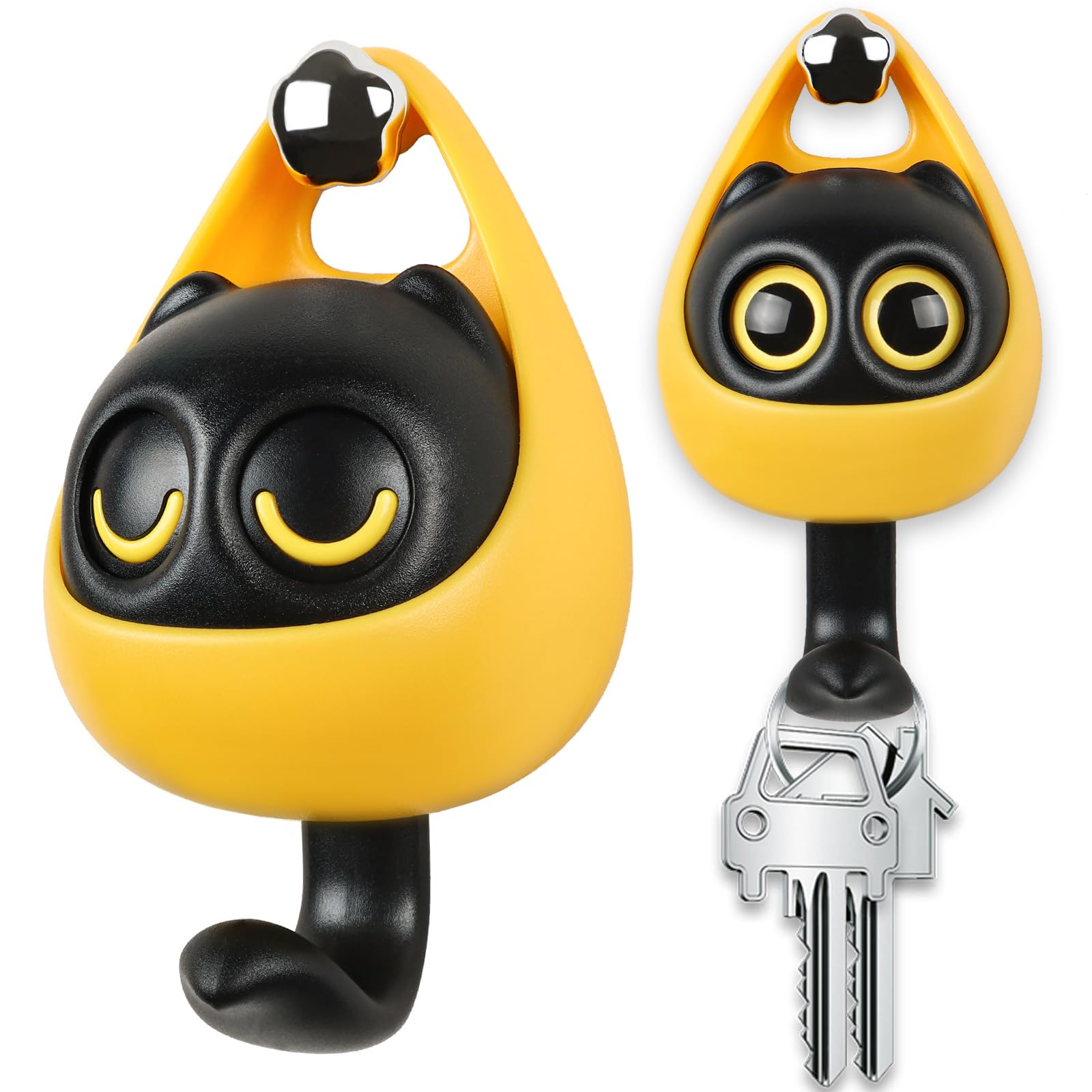 Nokiils Adhesive Cute Wall Hooks, Cute Cat Key Holder for Wall, Creative Utility Coat Hook for Home Kitchen Bathroom Room Decor (Yellow)