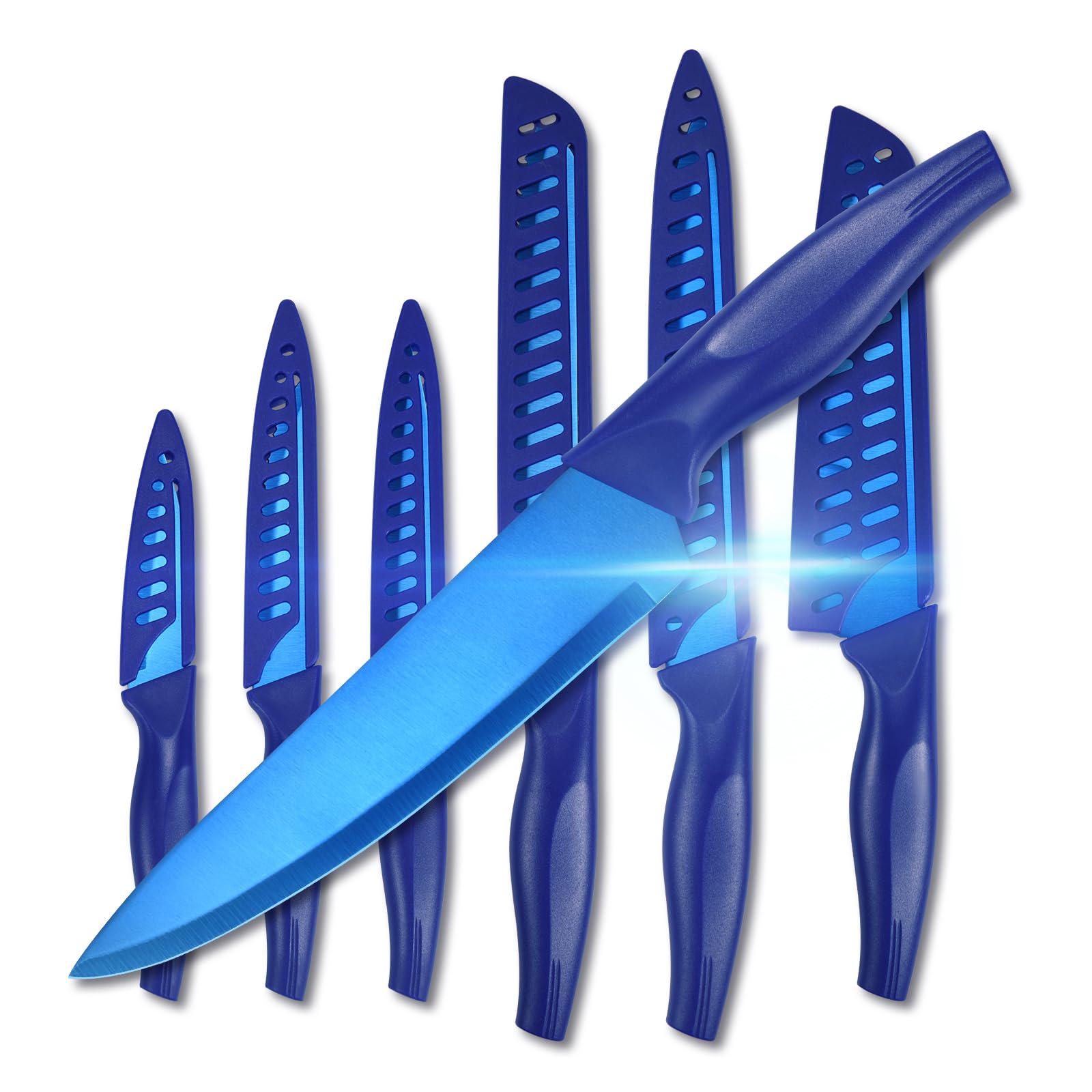 LIFVCNT 7 PCS Kitchen Knife Set, Chef Knife Set with 7 Sheathes, Small Stainless Steel Kitchen Knives Sets, Blue Sharp Cooking Cutting Knife Set with Covers without Block for Kitchen