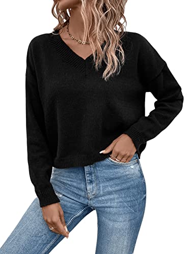 SweatyRocks Women's Casual V Neck Drop Shoulder Pullover Sweater Long Sleeve Knitted Top Black M
