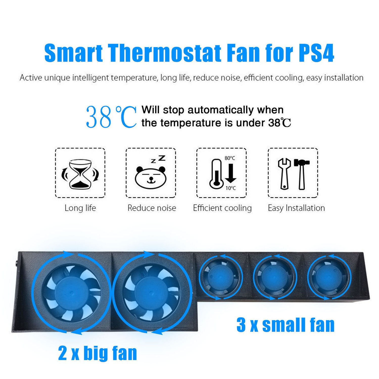 ElecGear Auto Cooling Fan for PS4, External USB Cooler Automatic Temperature Sensor Controlled Radiator Heat Exhaust Works with Playstation 4 CUH-1xxx