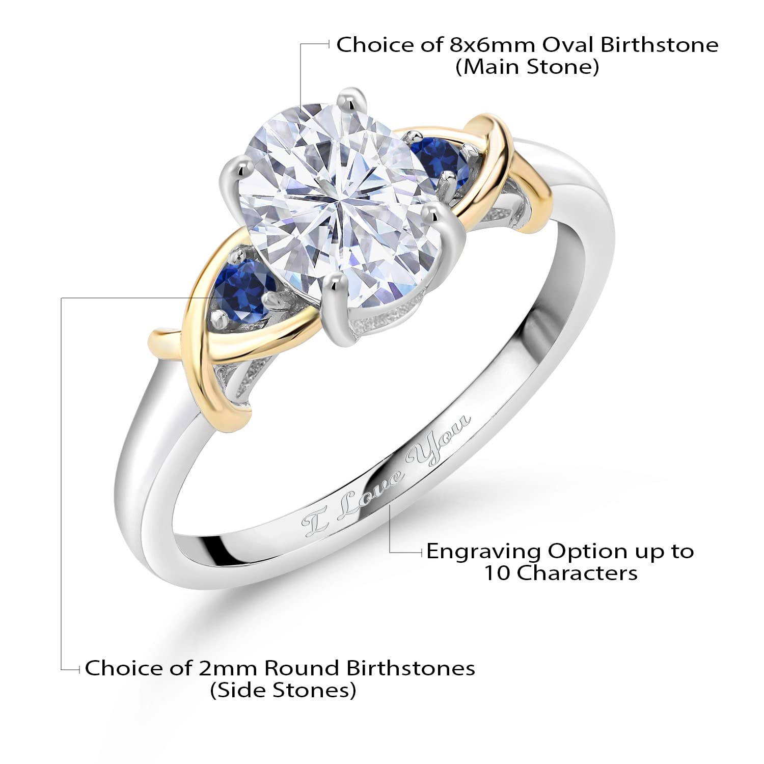 Gem Stone King 925 Sterling Silver and 10K Yellow Gold Customized and Personalized 3-Stone 8X6MM Oval and 2MM Round Gemstone Birthstone Name Engraved Ring For Women (Size 7)