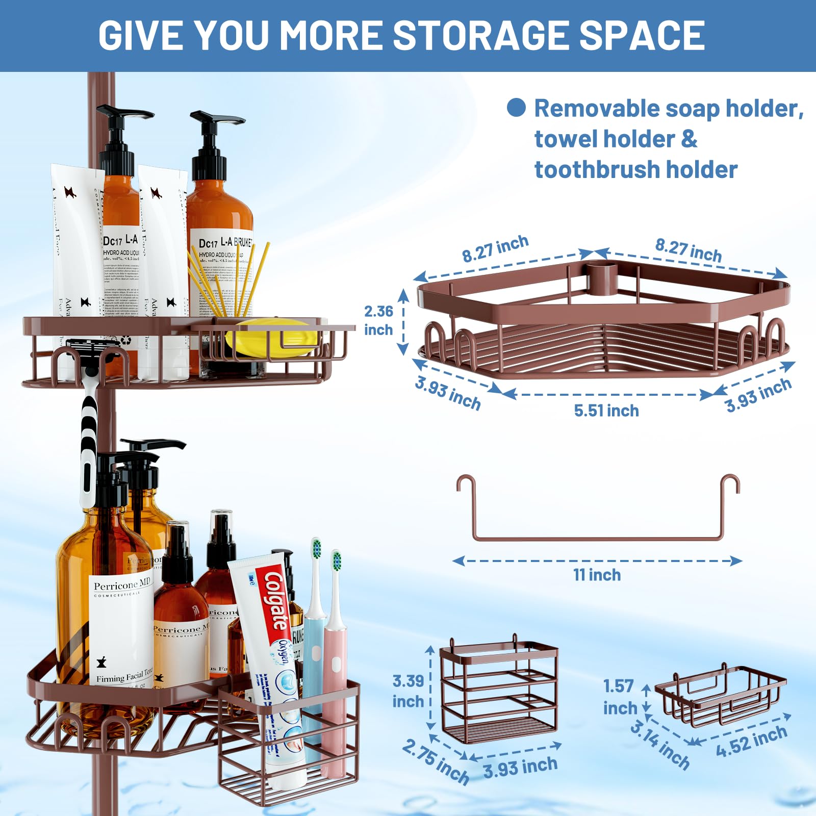 Shower Caddy Corner Tension Pole Stainless Organizer for Bathroom, Rustproof 4 Large Shelves and 2 Small Basket for Bathtub Shampoo Accessories Storage, 23.6 to 114.5 Inch Height Adjustable (Black)
