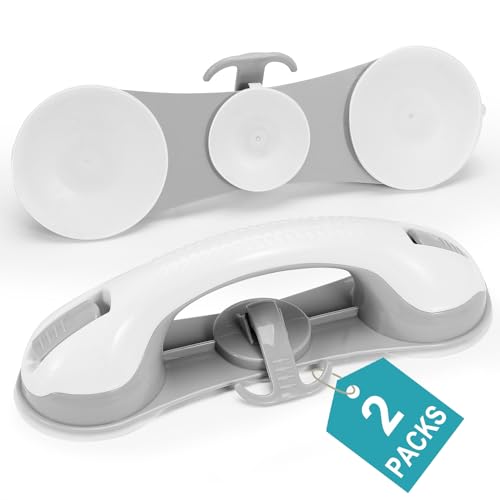 Grab Bars for Shower, 12 Inch Shower Handle 3 Strong Suction Cup Grab Bar with Hook, Safety Bars for Shower Chair Stool, Bathroom Grab Bar for Seniors, Elderly, Handicap (2 Pack)