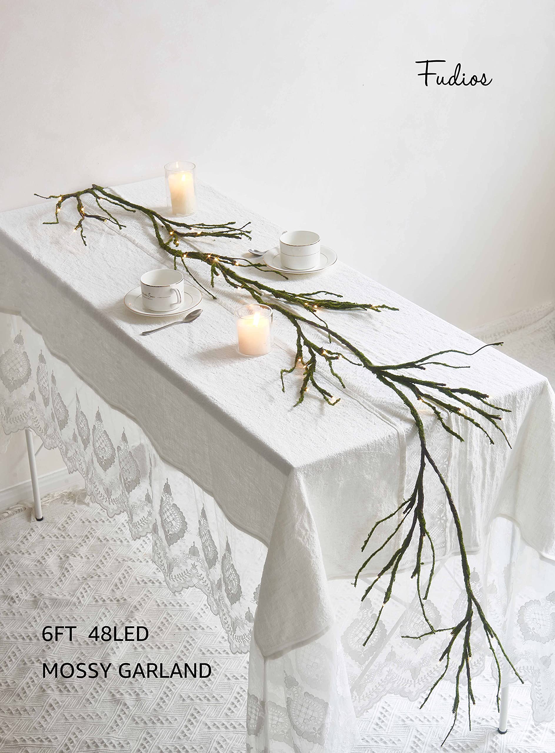 Fudios Greenery Garland with Lights for Mantle with Timer 48 LED 6FT Mossy Vine Garland Lights for Table Centerpieces Indoor Outdoor
