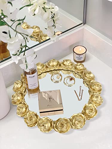 Vixdonos Gold Rose Resin Tray Decorative Mirror Tray Bathroom Vanity Tray for Perfume,Jewelry and Makeup
