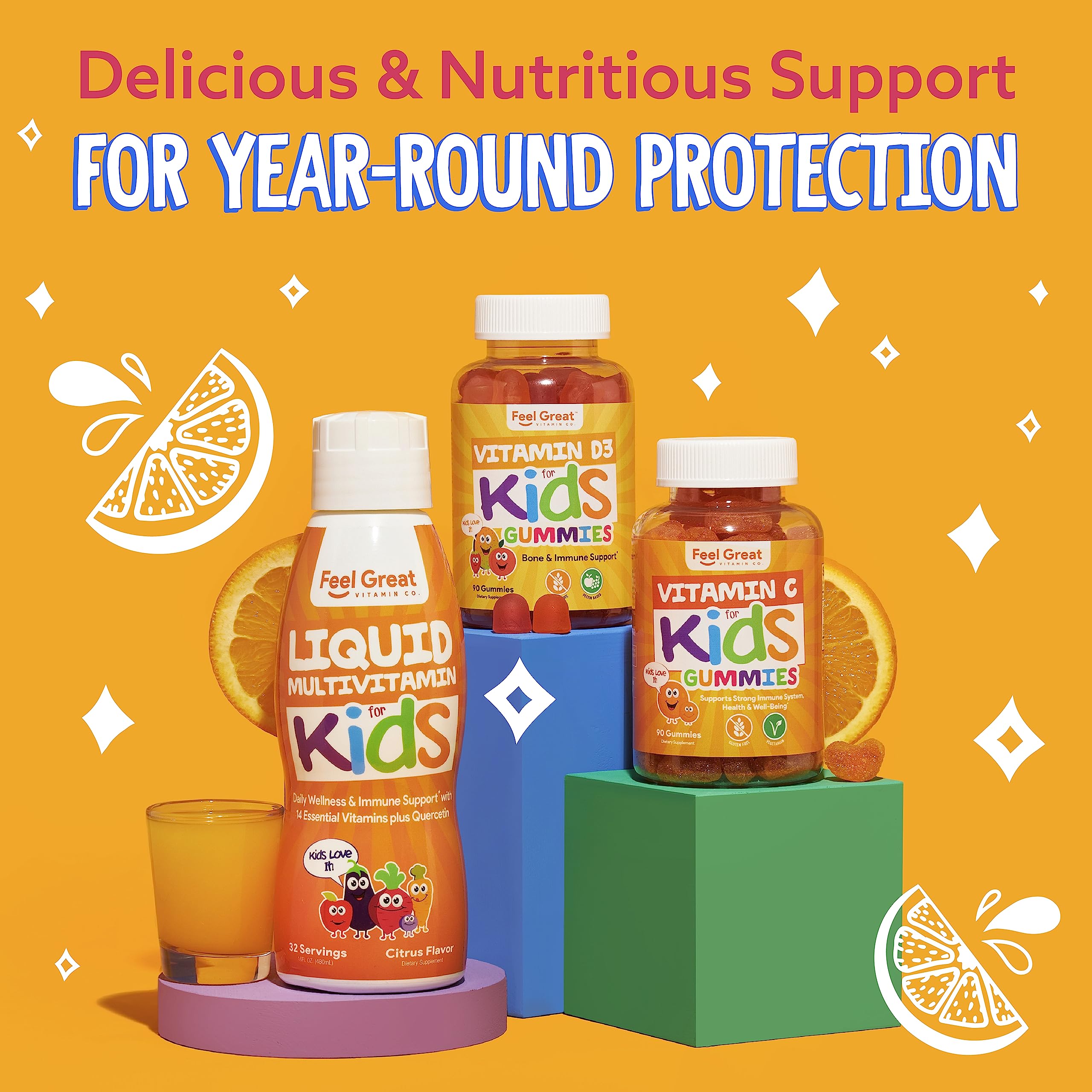 Feel Great Liquid Multivitamin for Kids | Orange Flavored Vegetarian & Sugar Free Kids Liquid Vitamin | Essential Kids Vitamins & Immune Support for Kids | 30 Day Supply