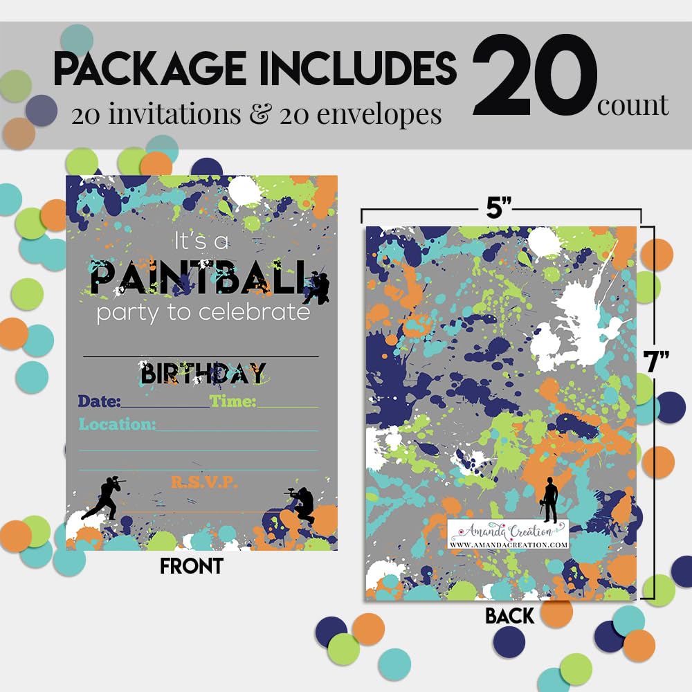 Paintball Themed Birthday Party Invitations, 20 5x7 Fill In Cards with Twenty White Envelopes by AmandaCreation