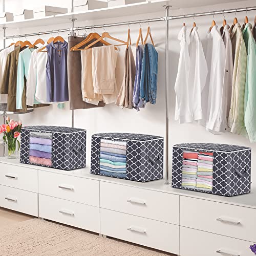 UMEIJA Large Clothes Storage Bags 100L Clothing Storage Organizer Foldable Storage Containers for Comforter Blanket Bedding with Durable Handle, Clear Window, Sturdy Zippers (3 Pack)