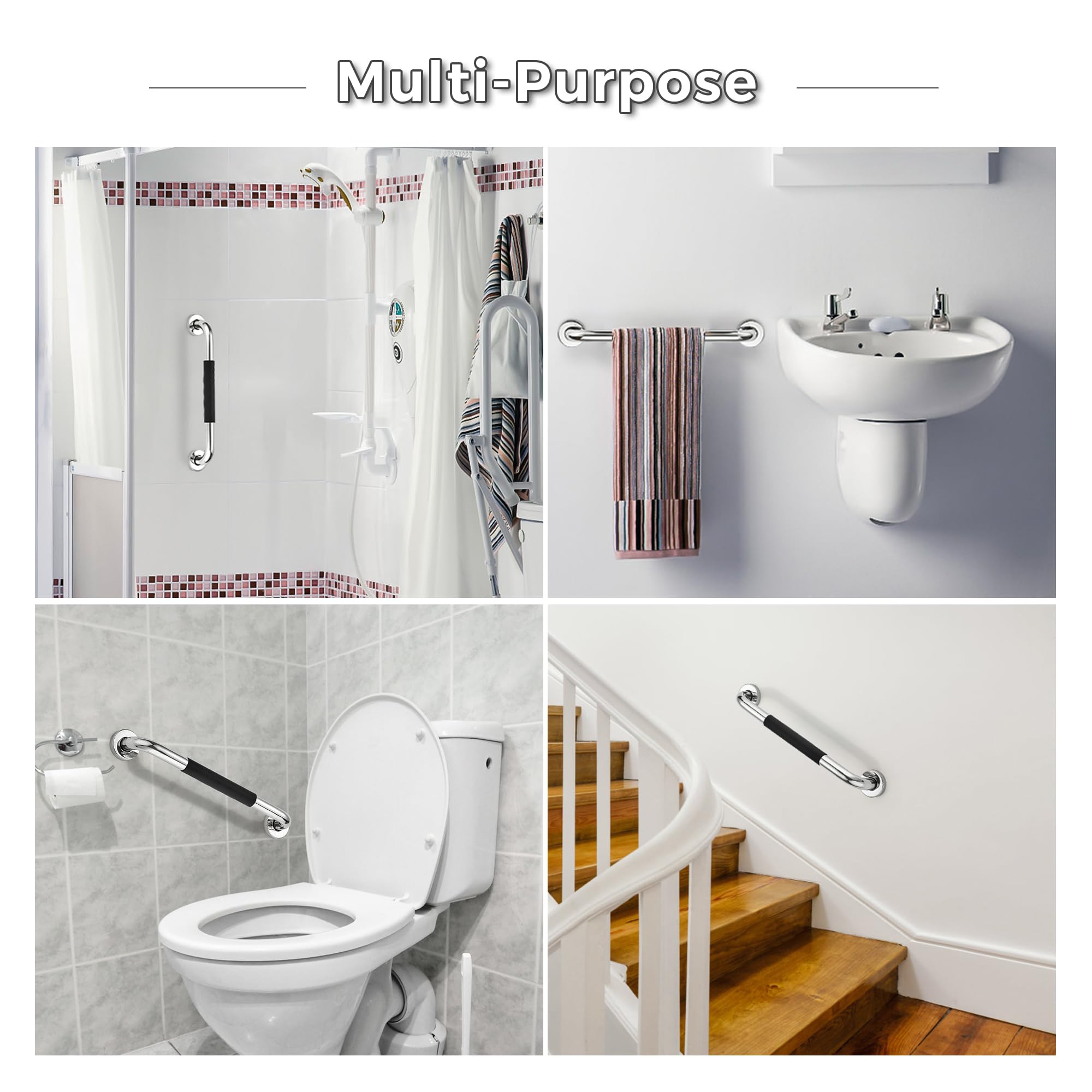 Grab Bars for Shower,2 Pack 16 Inch Anti-Slip Shower Handle with Rubber Grip, Silver Safety Shower Bar, Stainless Steel Handicap Grab Bars for Elderly for Wall (1" Diameter)