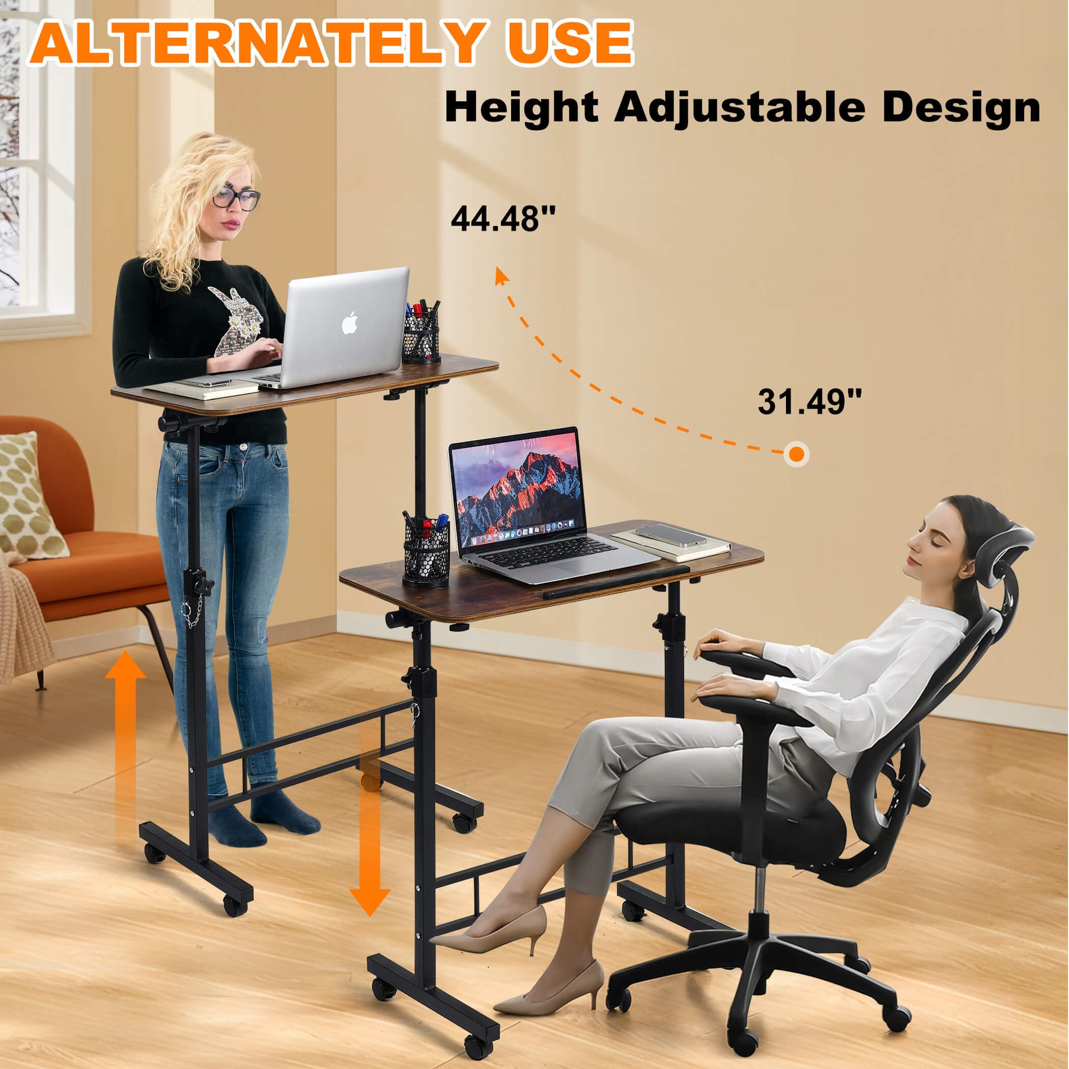 Small Standing Desk Adjustable Height,Rolling Computer Desk,Mobile Standing Desk with Wheels,Portable Stand Up Desk,Tall Computer Table,Adjustable Desktop Sit Stand Desk,Size 31.5x15.7 Inch Brownish C
