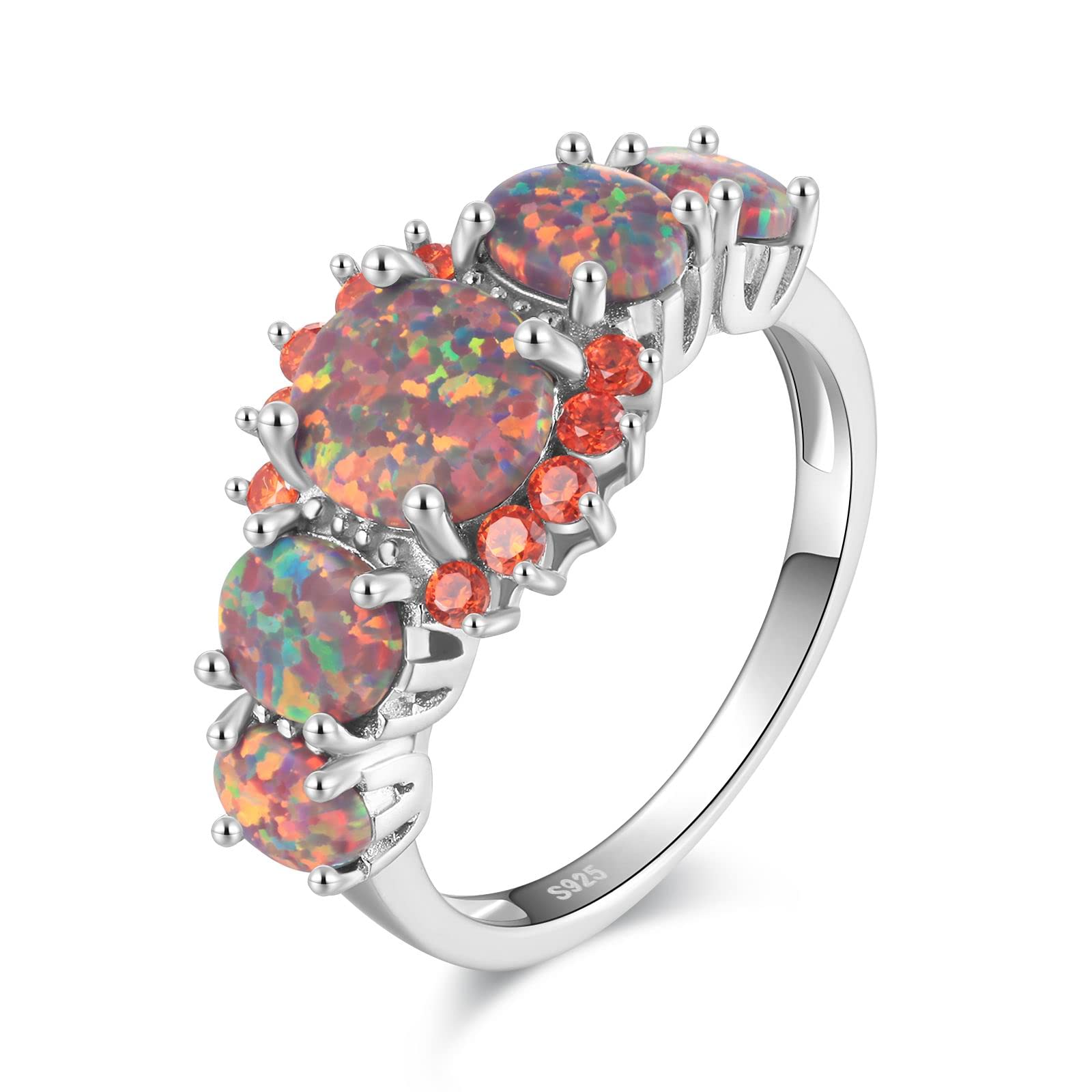FEELDAN White Gold Plated Sterling Silver Cubic Zirconia & Fire Opal Prong Setting Birthstone Rings