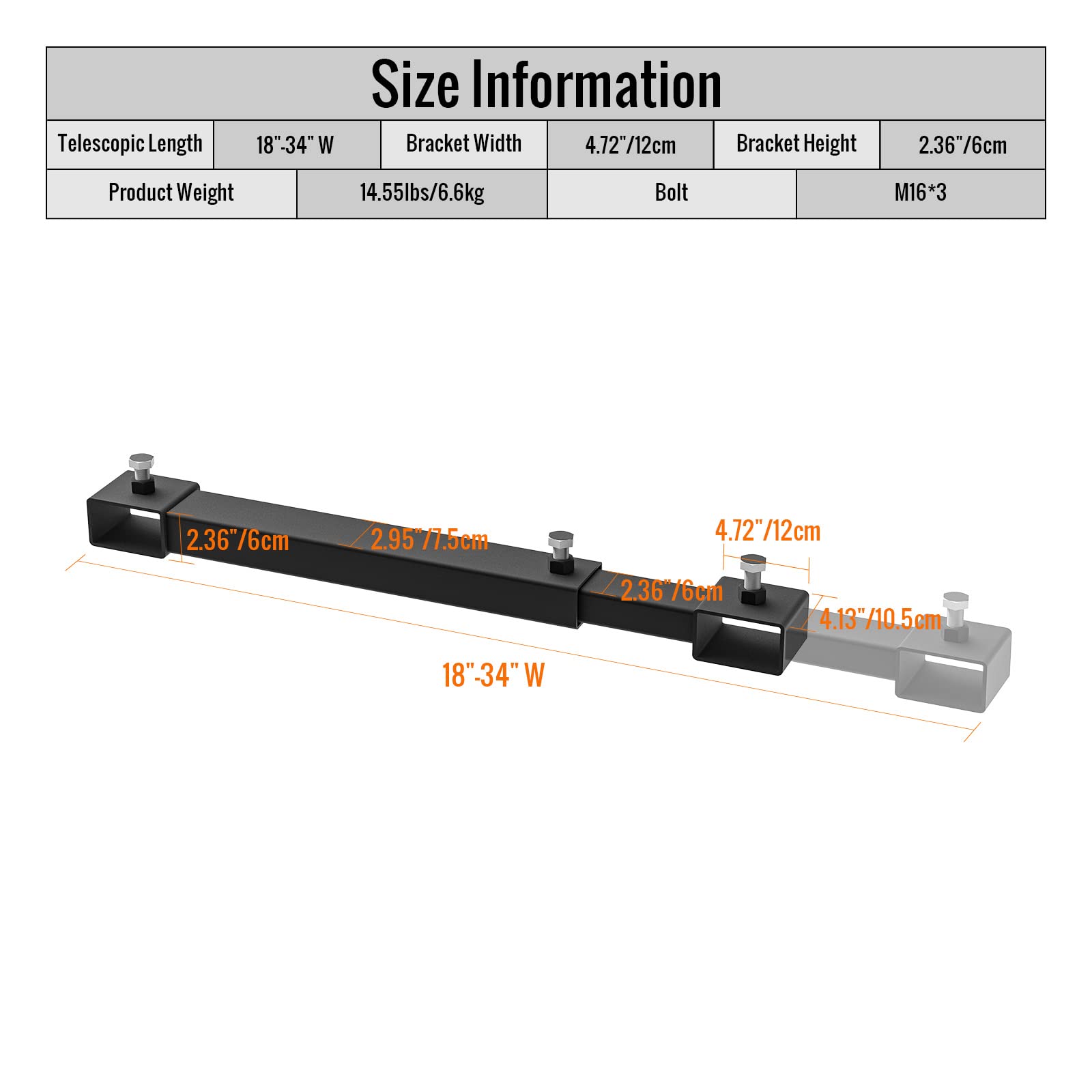 MAHLER GATES Clamp On Pallet Forks Adjustable Stabilizer Bar,Fits 2.95"W x 3"H Forks, 18"-34"W Adjustable Length