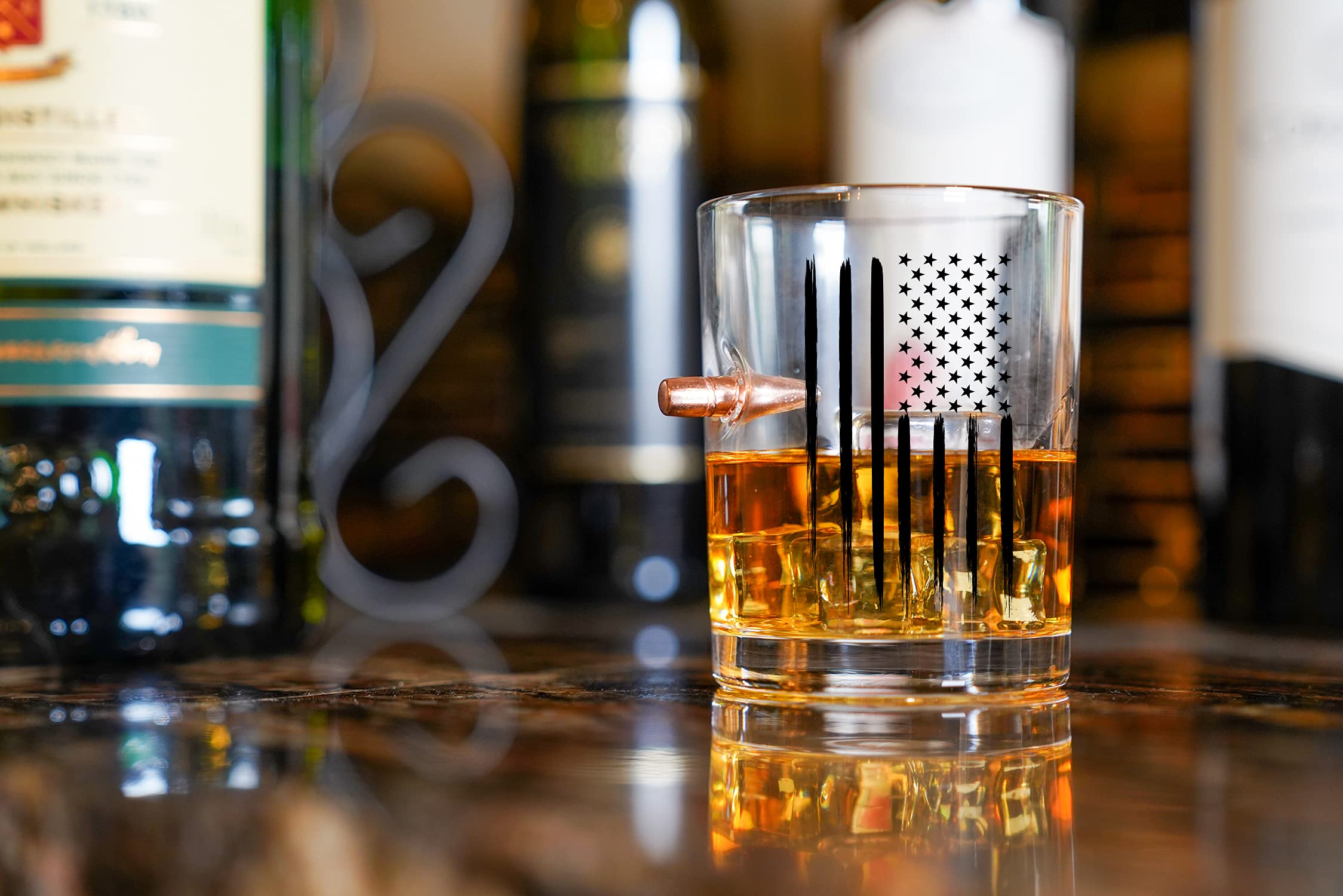 Humutan Real Projectile American Flag Whiskey Rocks Glass – Hand Blown Glasses – 8 Oz Old Fashioned Glass for Scotch, Bourbon or Whiskey – .308 Bullet Whiskey Glass