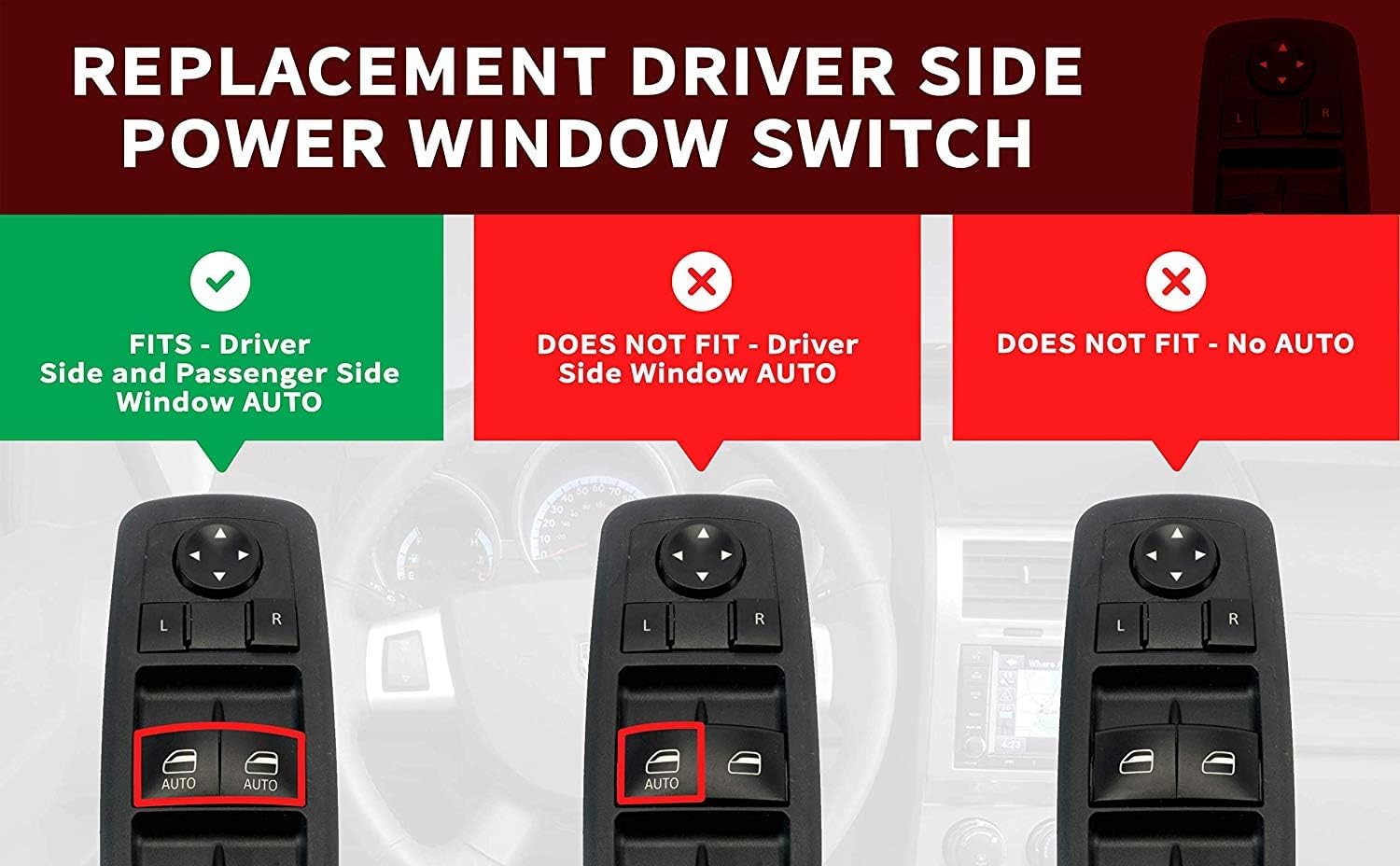 Driver Side Master Power Window Switch, Double Auto Button ONLY - Compatible with Chrysler, Dodge & Jeep, Ram, Grand Caravan, Journey, Liberty - Replaces 4602863AD, 4602870AD, 901-473, 4602863AB