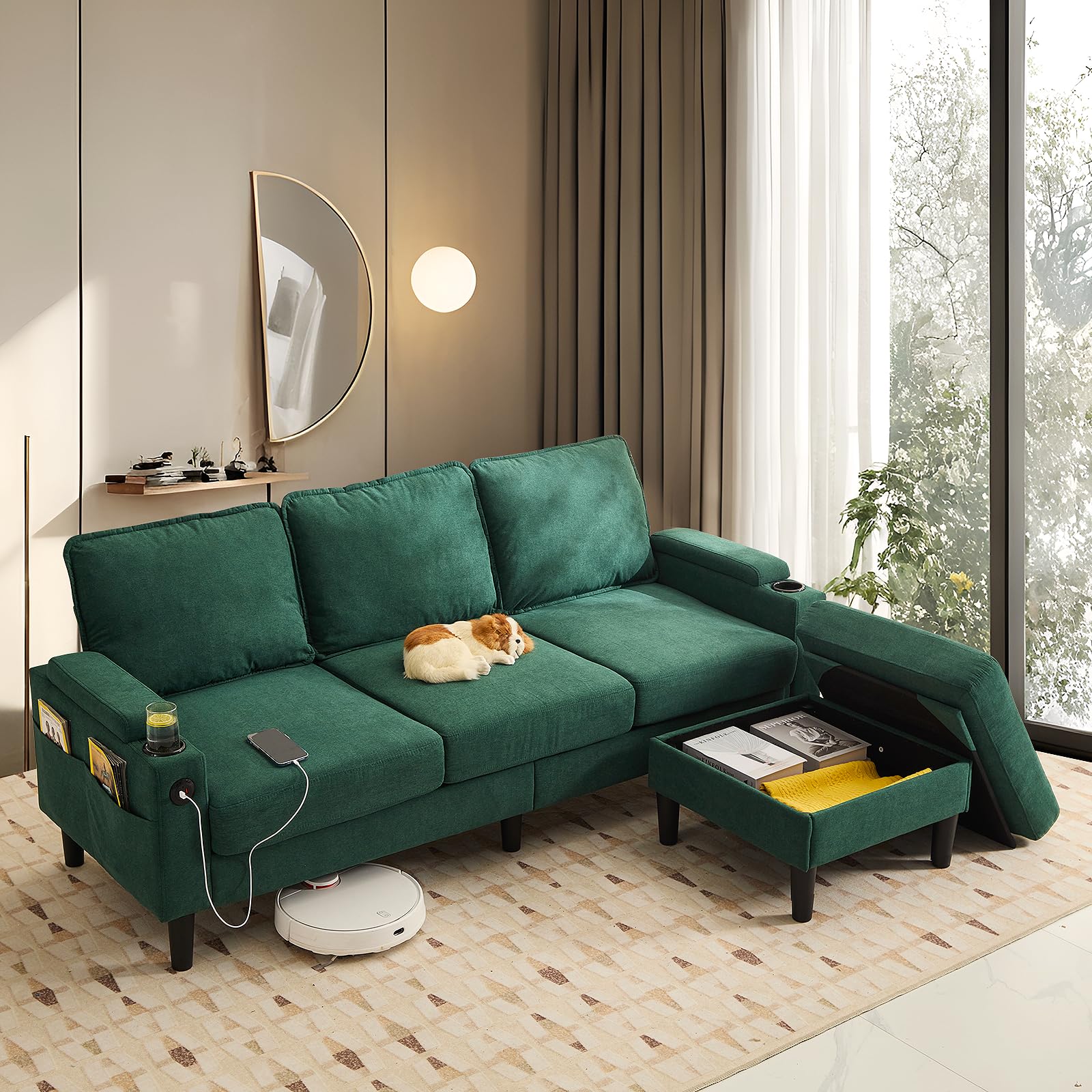 Nonlita L Shaped Combo Sofa with Storage Ottoman,3-seat Combo Sofa,L Shaped Combo Sofa with USB & Cup Holders & Side Pockets,Upholstered sectional Couch for Living Room Small Space Apartment,Blue