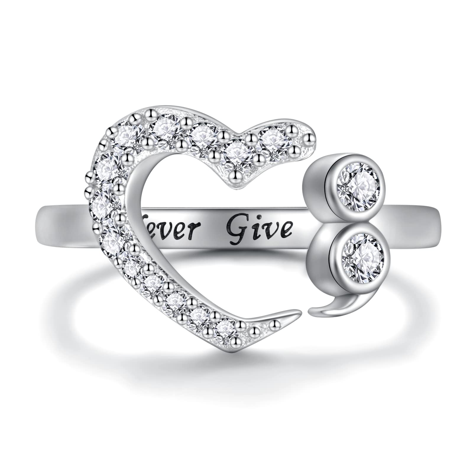 Heart Semicolon Ring 925 Sterling Silver Adjustable Engraved Never Give Up Jewelry for Suicide Survivors Depression Awareness Inspirational Gift for Women