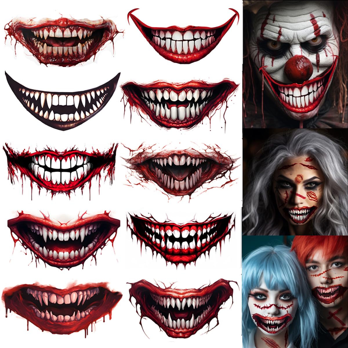 ENYACOS 10 Sheets Halloween Mouth Tattoos, Fake Scars Tattoos,Zombie Fake Wounds Tattoos, 3d Fake Scars Temporary Scary Face TattoosďźHalloween Face Stickers Halloween Make Up (A)