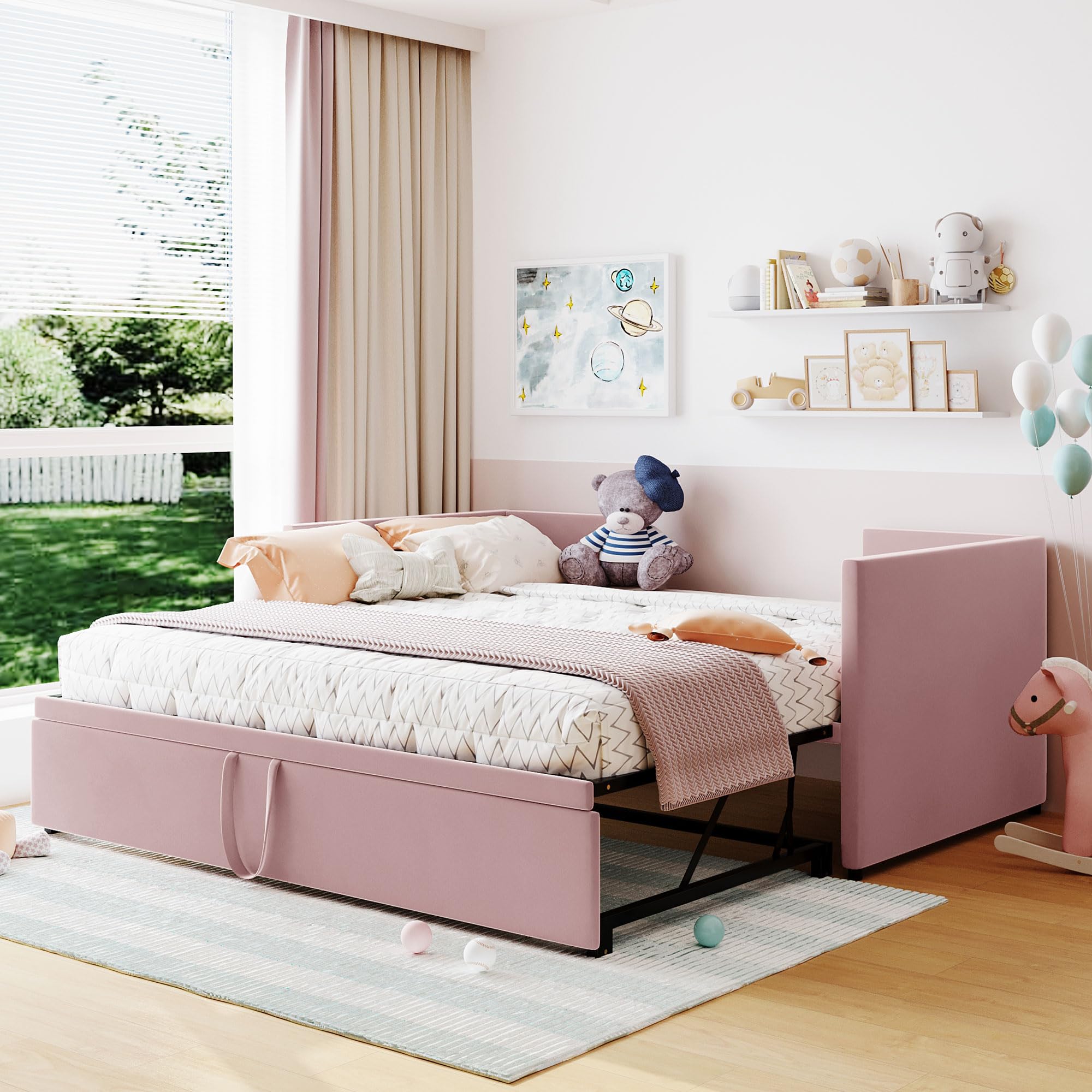 Luxo Abode Elegant Design Twin Size Upholstered Velvet Daybed with Pop Up Trundle, Backrest and 2 Armrests, No Box Spring Need and Easy to Assembly, for Boys and Girls Room, Apartment, Gray