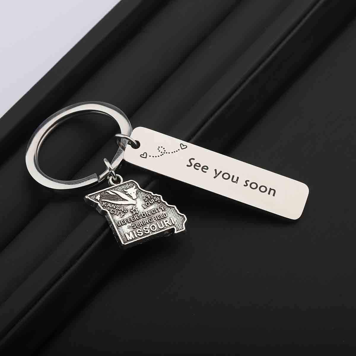 ENSIANTH See you soon Keychain Long Distance Relationship State Map Keychain Moving Away Gift Lovers Location Gift (Missouri key)