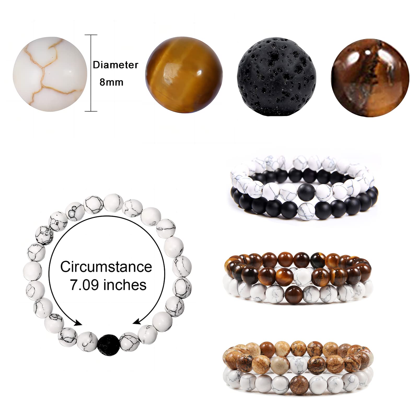 MAGIDOVE 6PCS Chakra Bracelet 8mm Black Obsidian & Tiger Eye Healing Crystal Stone Stretch Bracelets
