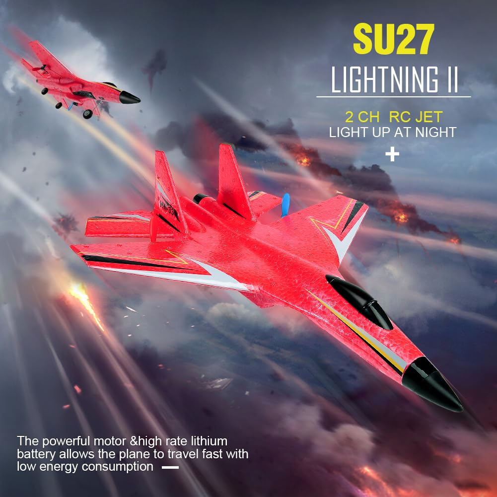 Fremego Su-27 RC Airplane,2.4GHz 2 Channel Remote Control Plane with Gyro Night Lights and 2 Batteries, Easy to Fly for Adults, Beginners and Kids Toy