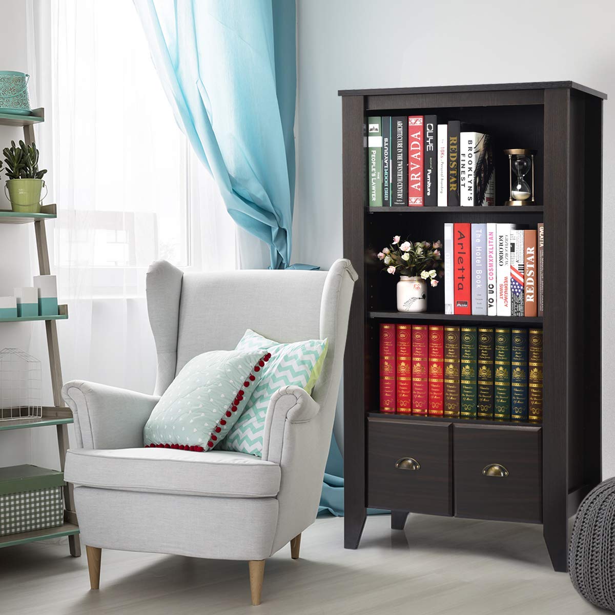 GLACER Bookshelf Bookcase, Multifunctional Cabinet with 2 Adjustable Shelves and 2 Drawers, Ideal for Home Office Bedroom and Living Room