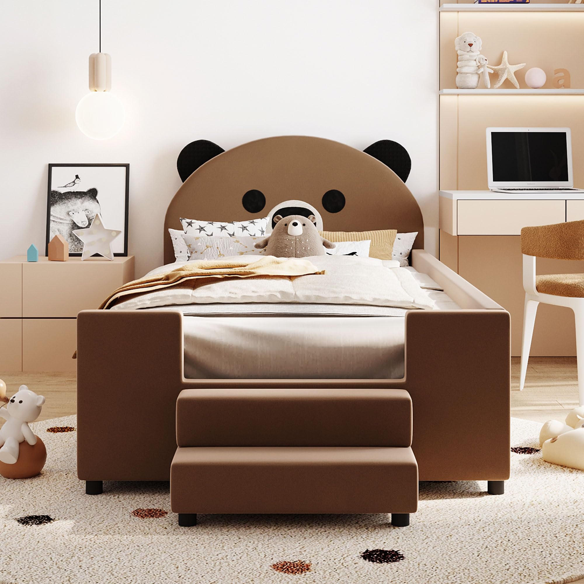 Luxo Abode Twin Size Upholstered with Bear Shaped Headboard, Velvet Daybed w/Hydraulic System and Breathable Mesh Fence, Easy Assembly and No Spring Need, for Kids Teens Bedroom, Brown