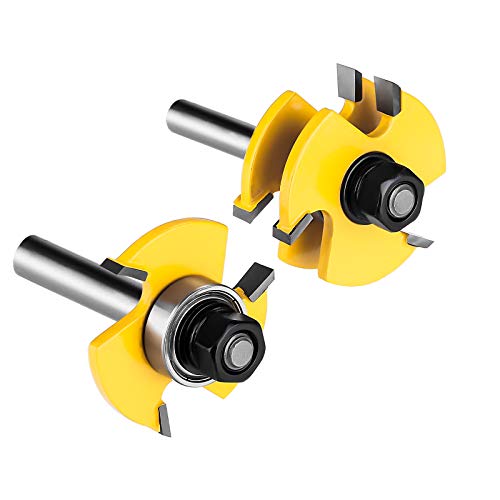 KOWOOD Tongue and Groove Set of 2 Pieces 1/2 Inch Shank Router Bit Set 3 Teeth Adjustable T Shape Wood Milling Cutter