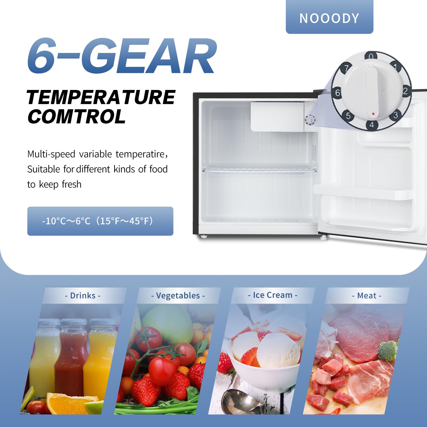 Nooody 1.6 Cu.ft Mini Fridge with Freezer, Adjustable Thermostat, Energy Saving, Low Noise, Single Door Compact Refrigerator for Dorm, Office, Bedroom (black)