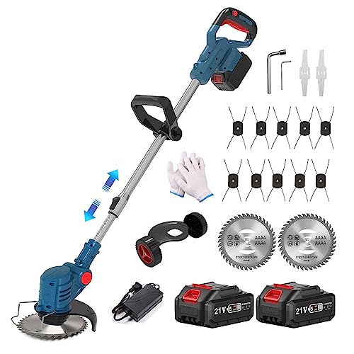 Weed Eater Cordless Weed Wacker Battery Operated 2000mAh, Lightweight String Trimmer with 2 Batteries, 1 Charger, 3 Types Blades, 1 Wheels, Edger Lawn Tool for Garden and Yard (Blue)