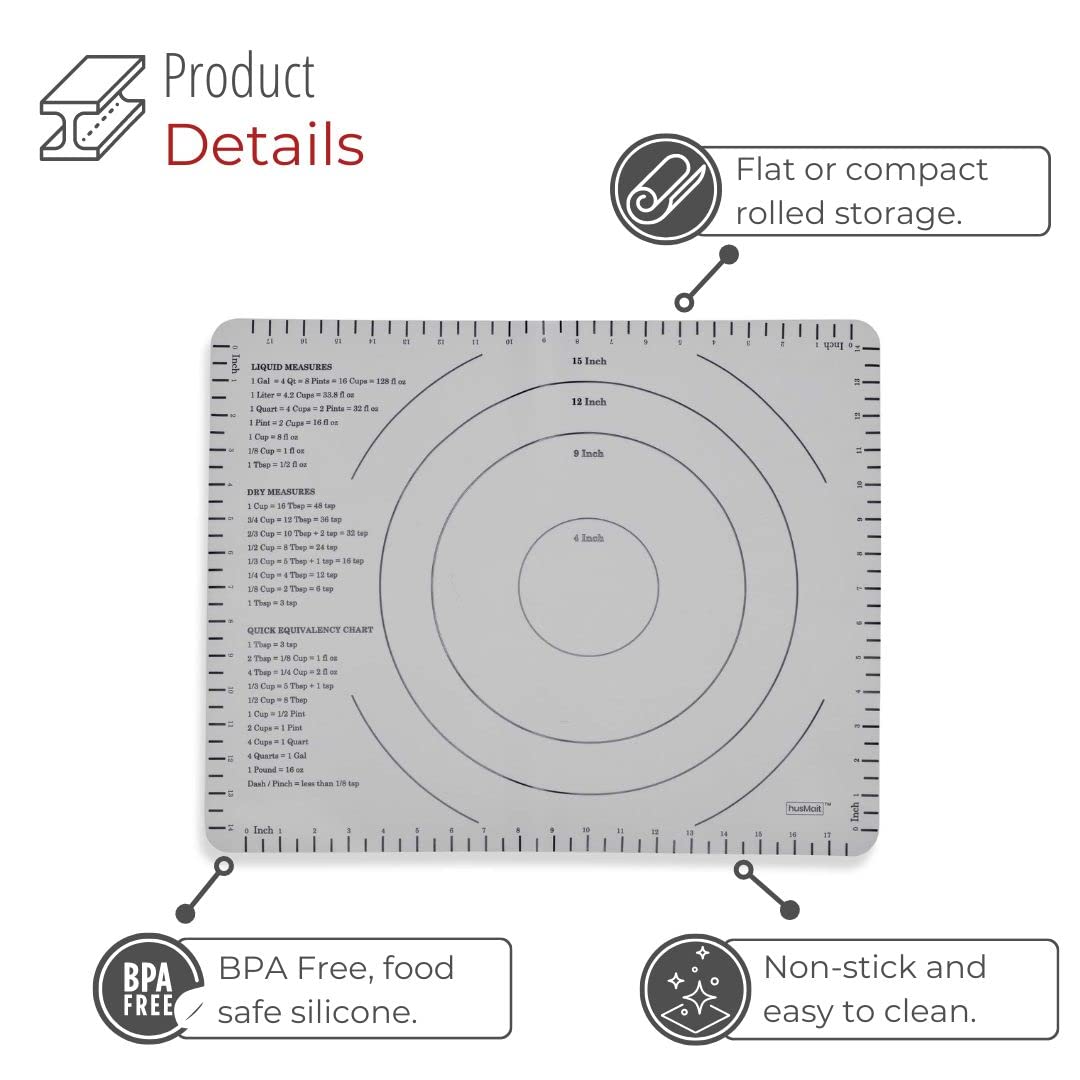 husMait Silicone Rolling Mat - Premium Kitchen Pastry Mat for Rolling and Baking Prep - Great for Making Dough, Pastries, Pizza and Pie