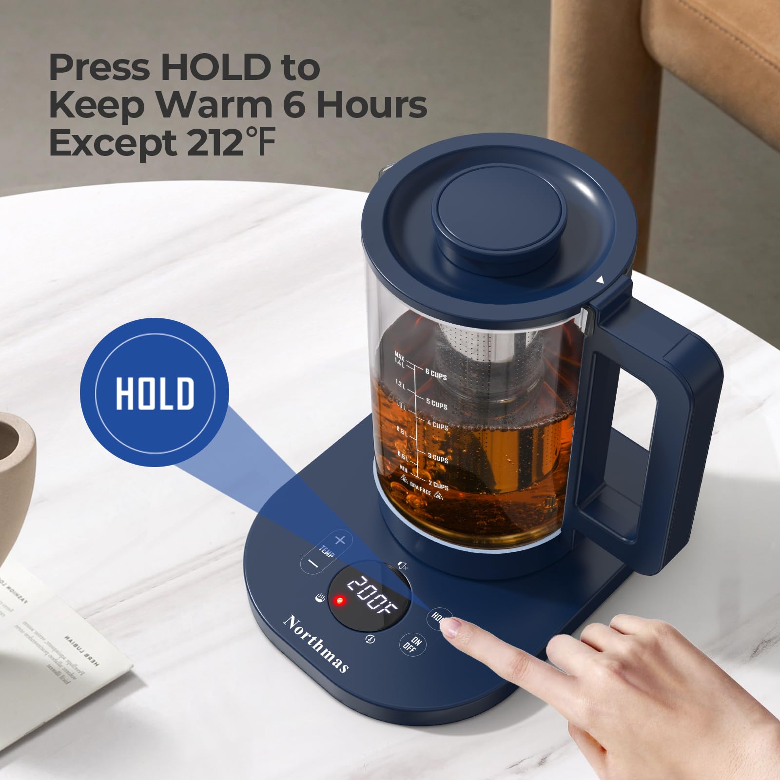 Northmas Electric Tea Kettle,Glass Kettle Electric Temperature Control with Infuser, Auto Shut-Off, Rapid Boiling 1200W, Boil-Dry Protection, Keep Warming 6 Hours, Wide Opening Easy Clean, 1.4L, Blue